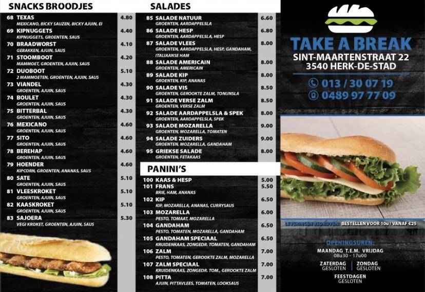 Menu at Take A Break, Herk-de-Stad, Sint-Maartensstraat 22
