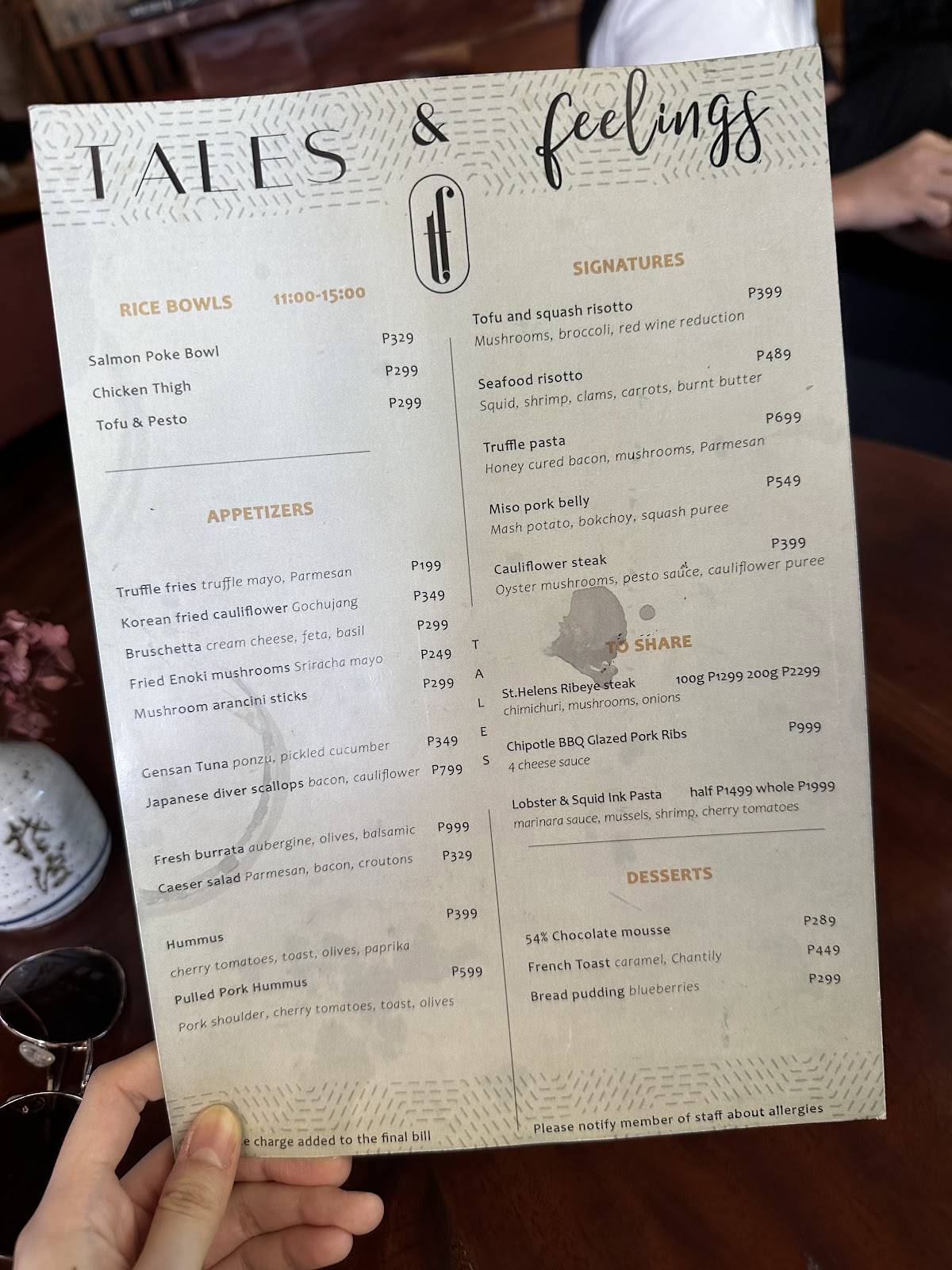 Menu at Tales and Feelings restaurant, Cebu City