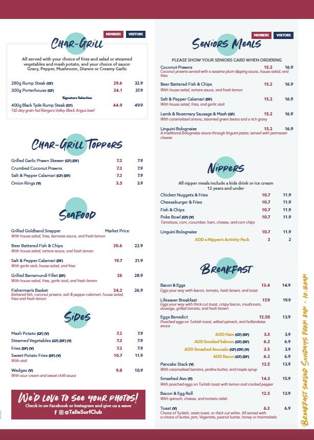 Menu at Tallebudgera Surf Club, Palm Beach