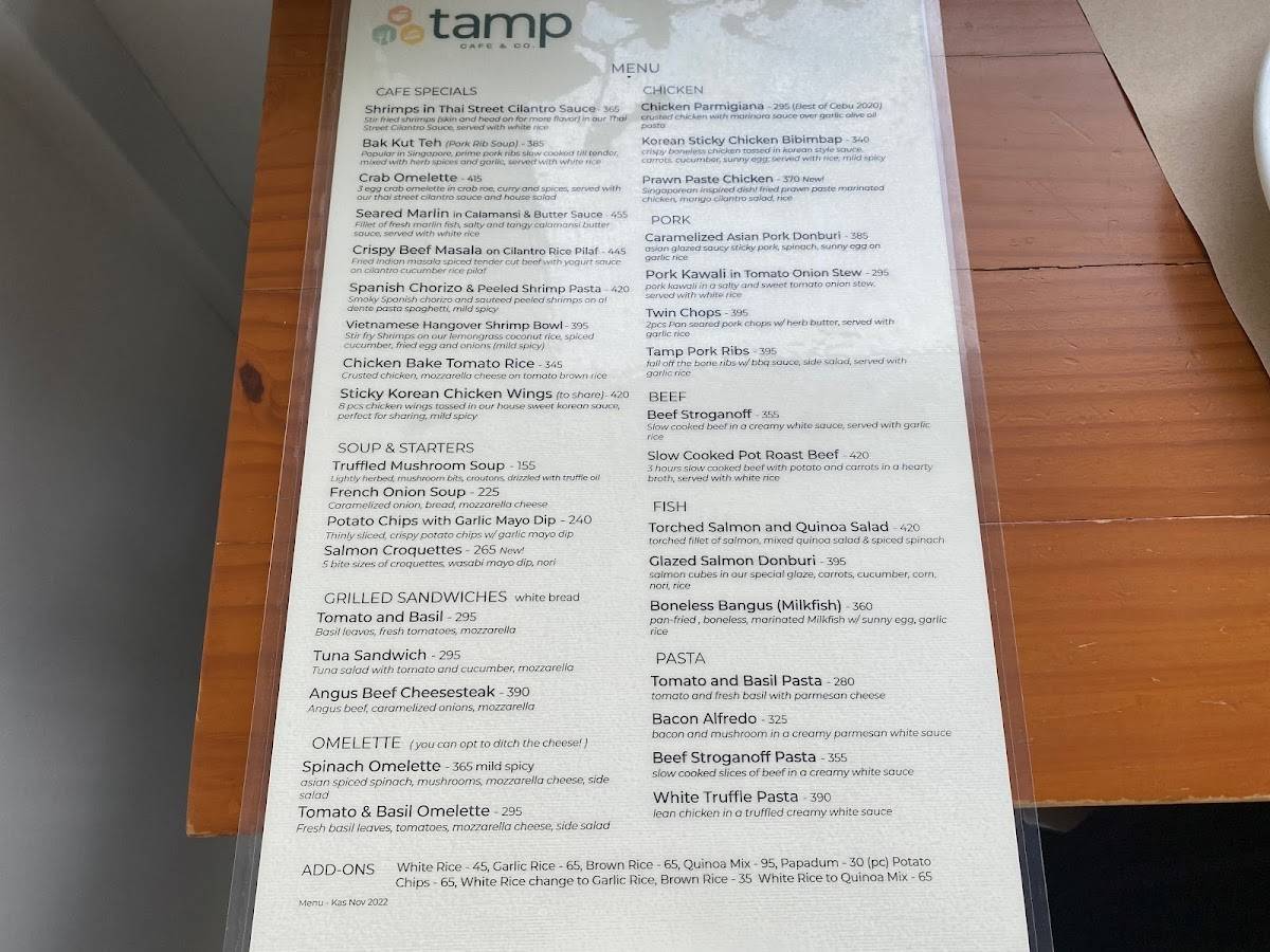 Menu at Tamp Cafe & Co. KASAMBAGAN, Cebu City, 12 President Aguinaldo ...