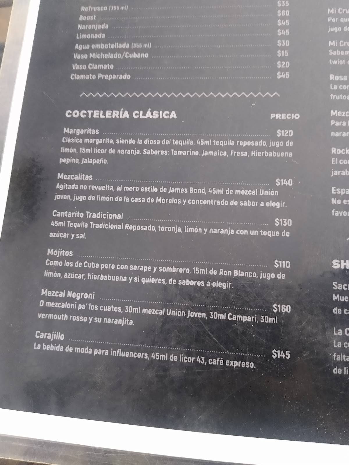 Carta del restaurante Terraza Calacas, Ciudad del México