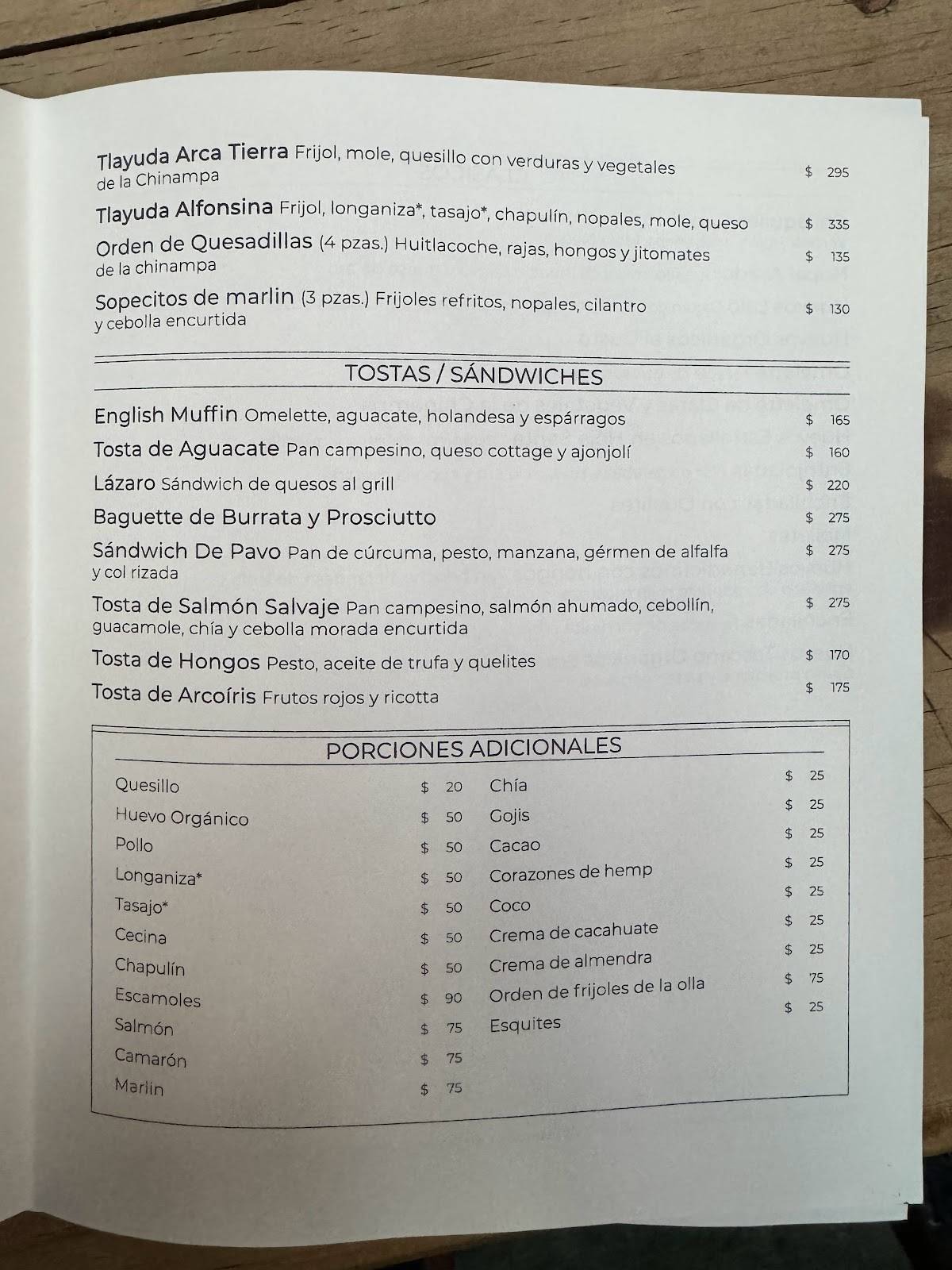 Carta del restaurante Tetetlán, Ciudad del México