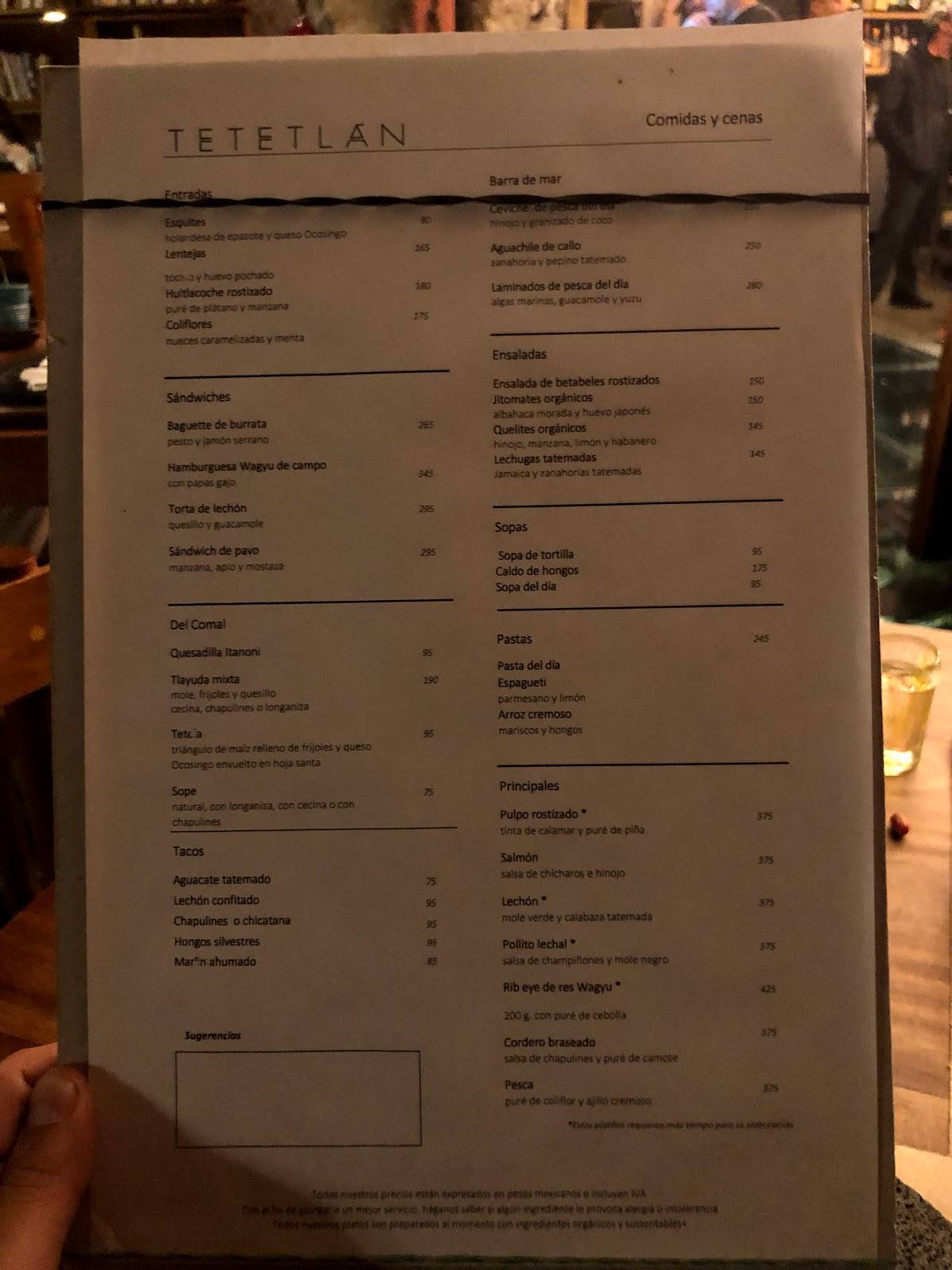 Carta del restaurante Tetetlán, Ciudad del México