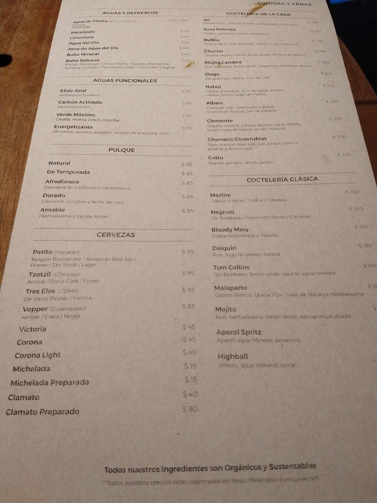 Carta del restaurante Tetetlán, Ciudad del México