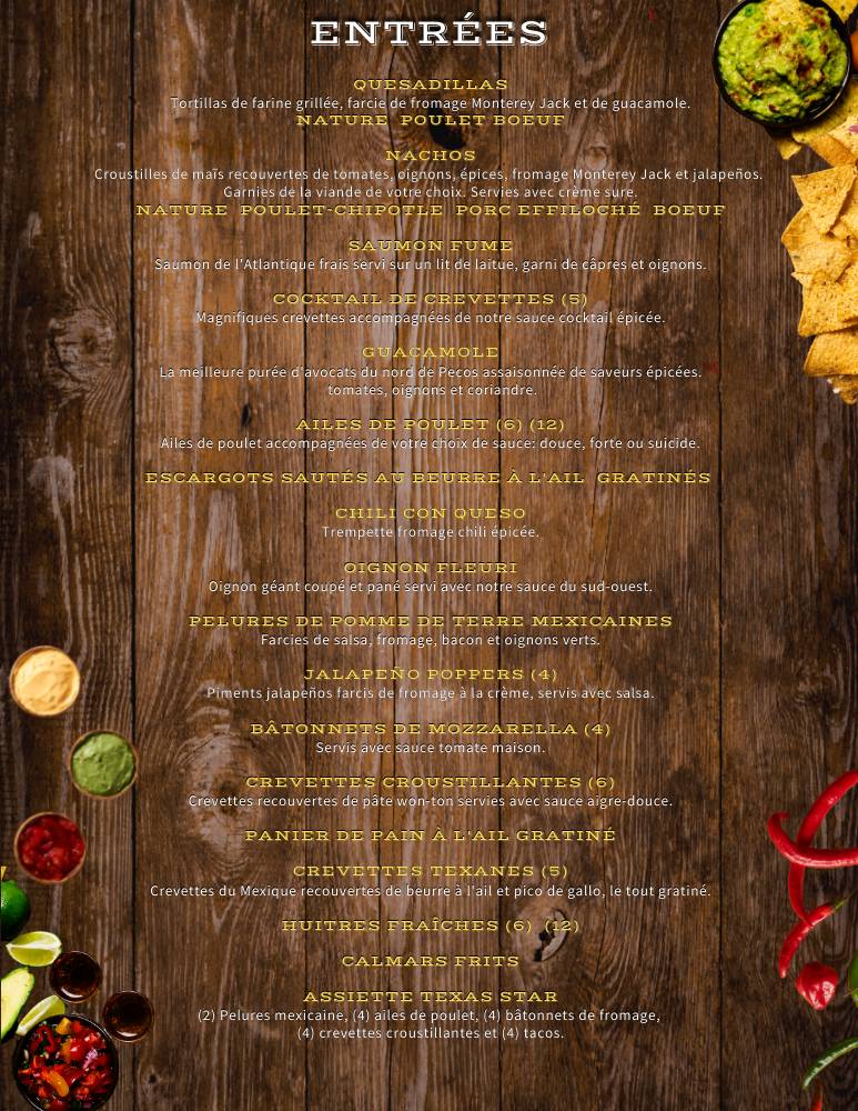 Menu at Restaurant Texas Star, Saint-Eustache, 477 25e Av