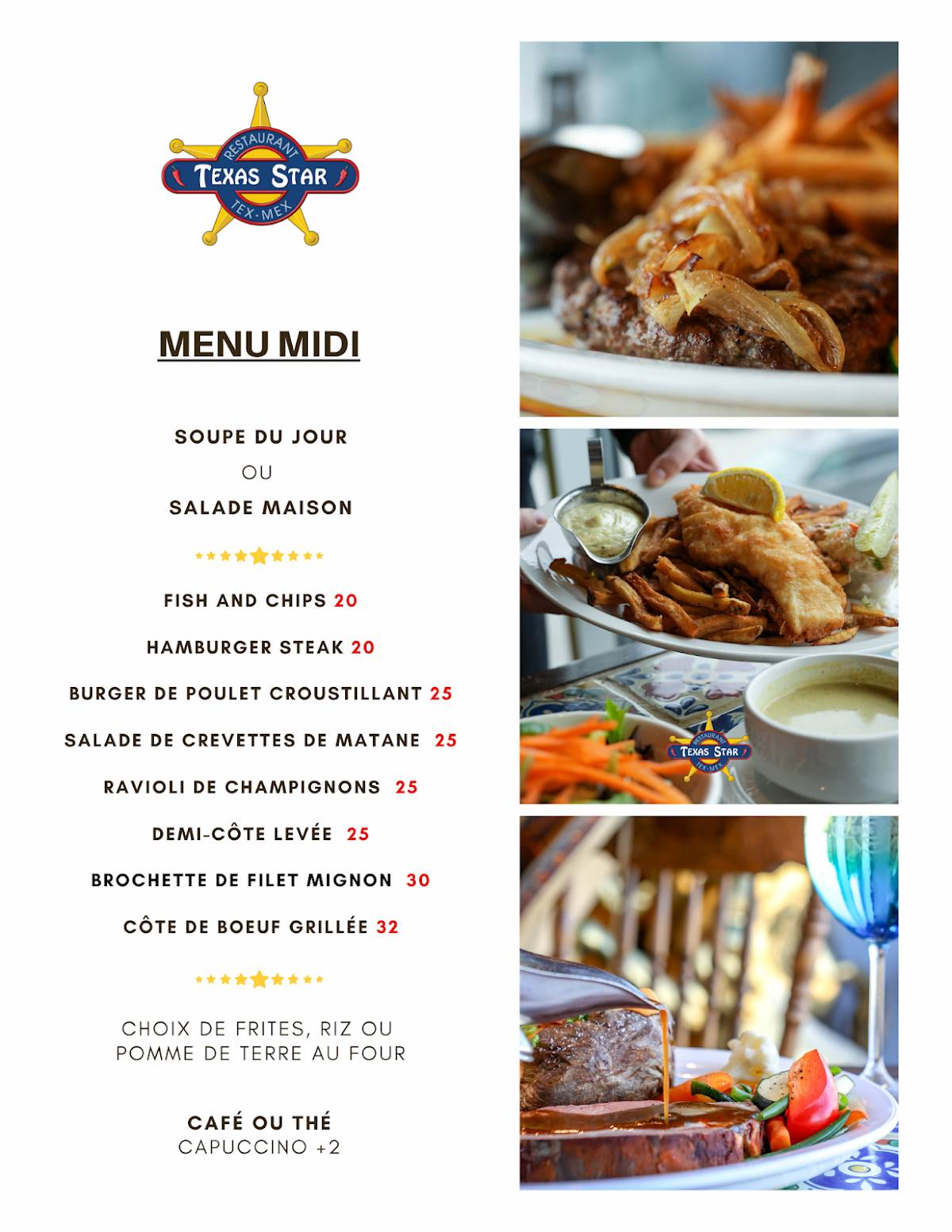 Menu au Restaurant Texas Star, Saint-Eustache, 477 25e Av