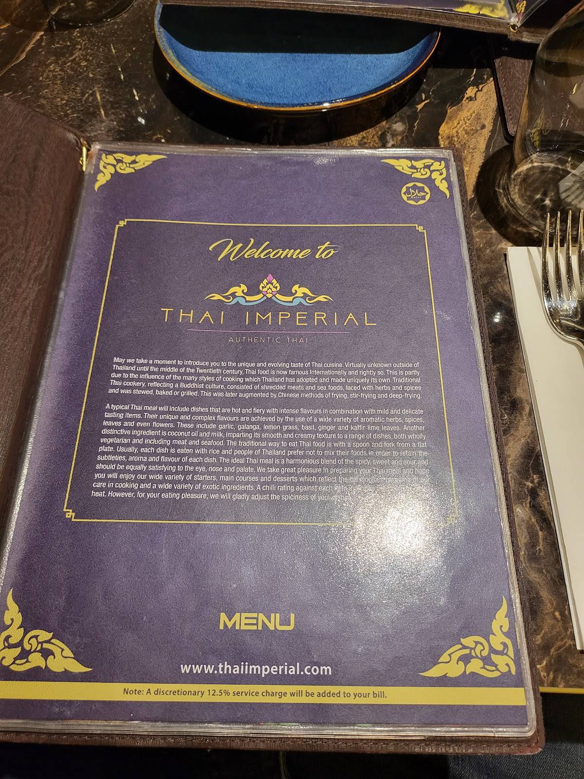Menu at Thai Imperial restaurant, Ilford