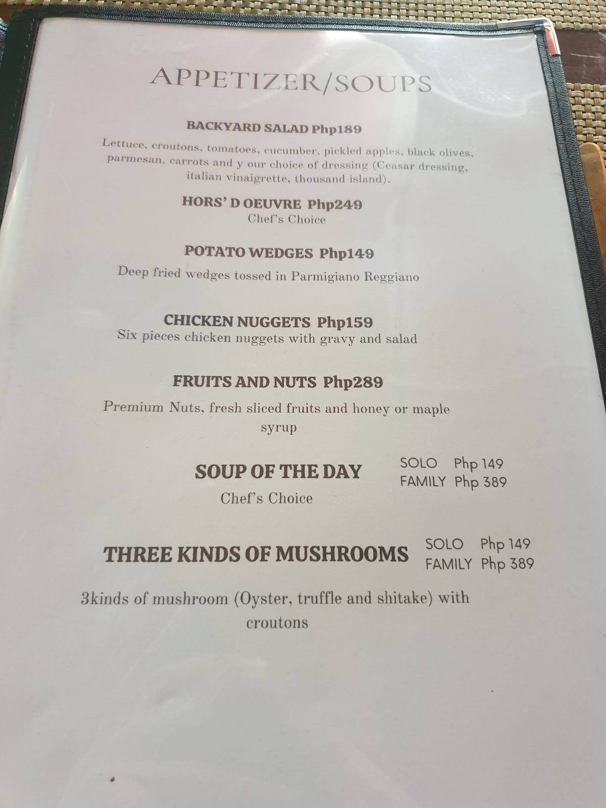 Carta del restaurante The American Backyard Baguio, Baguio