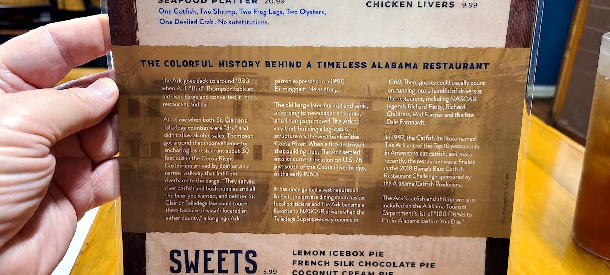 Menu at The Ark restaurant, Riverside, US-78