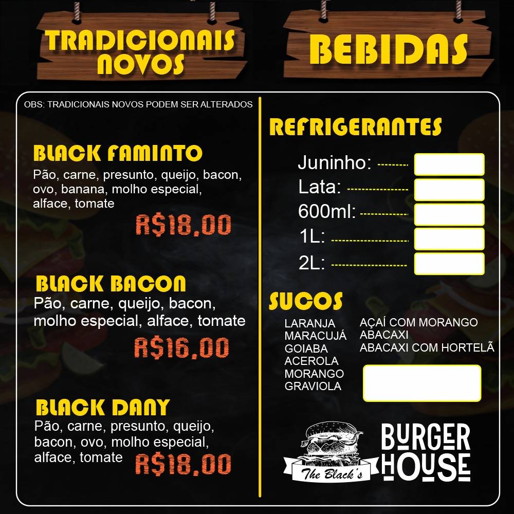 Carta del restaurante The Black Burger, Castelo