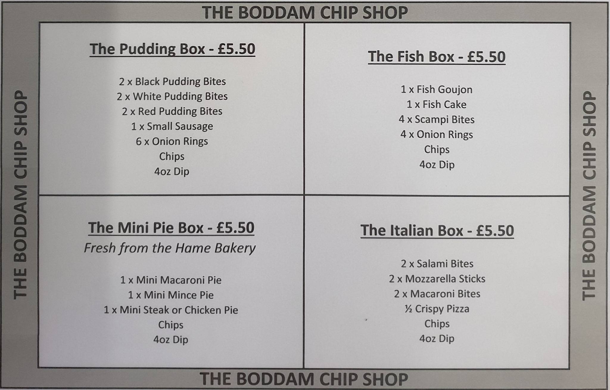 Menu at The Boddam Chip Shop restaurant, Boddam