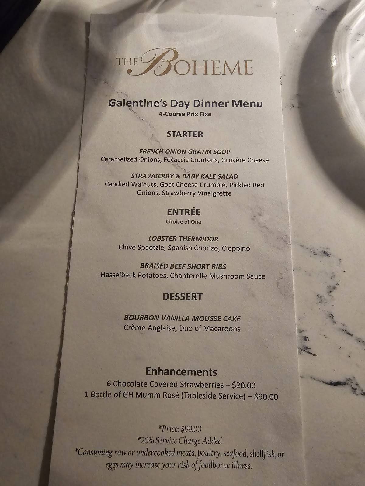 Menu at The Boheme restaurant, Orlando, Grand Bohemian Hotel Orlando