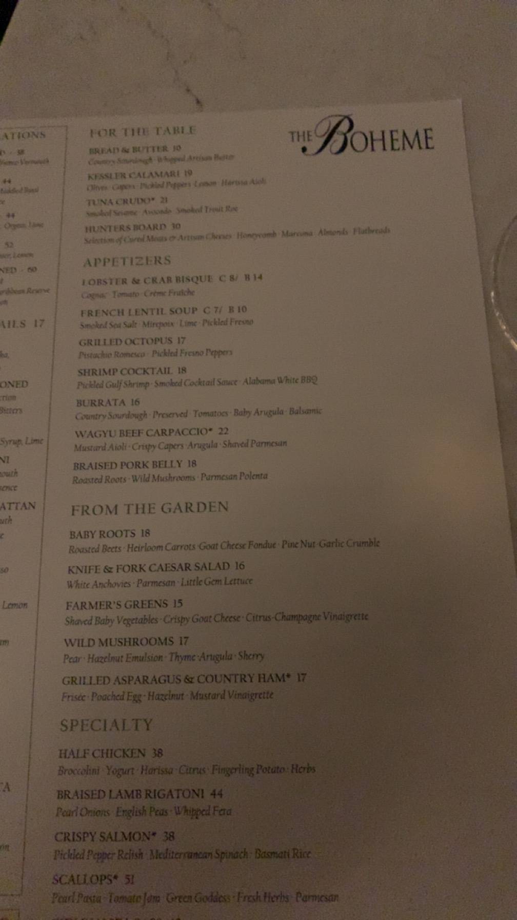 Menu at The Boheme restaurant, Orlando, Grand Bohemian Hotel Orlando