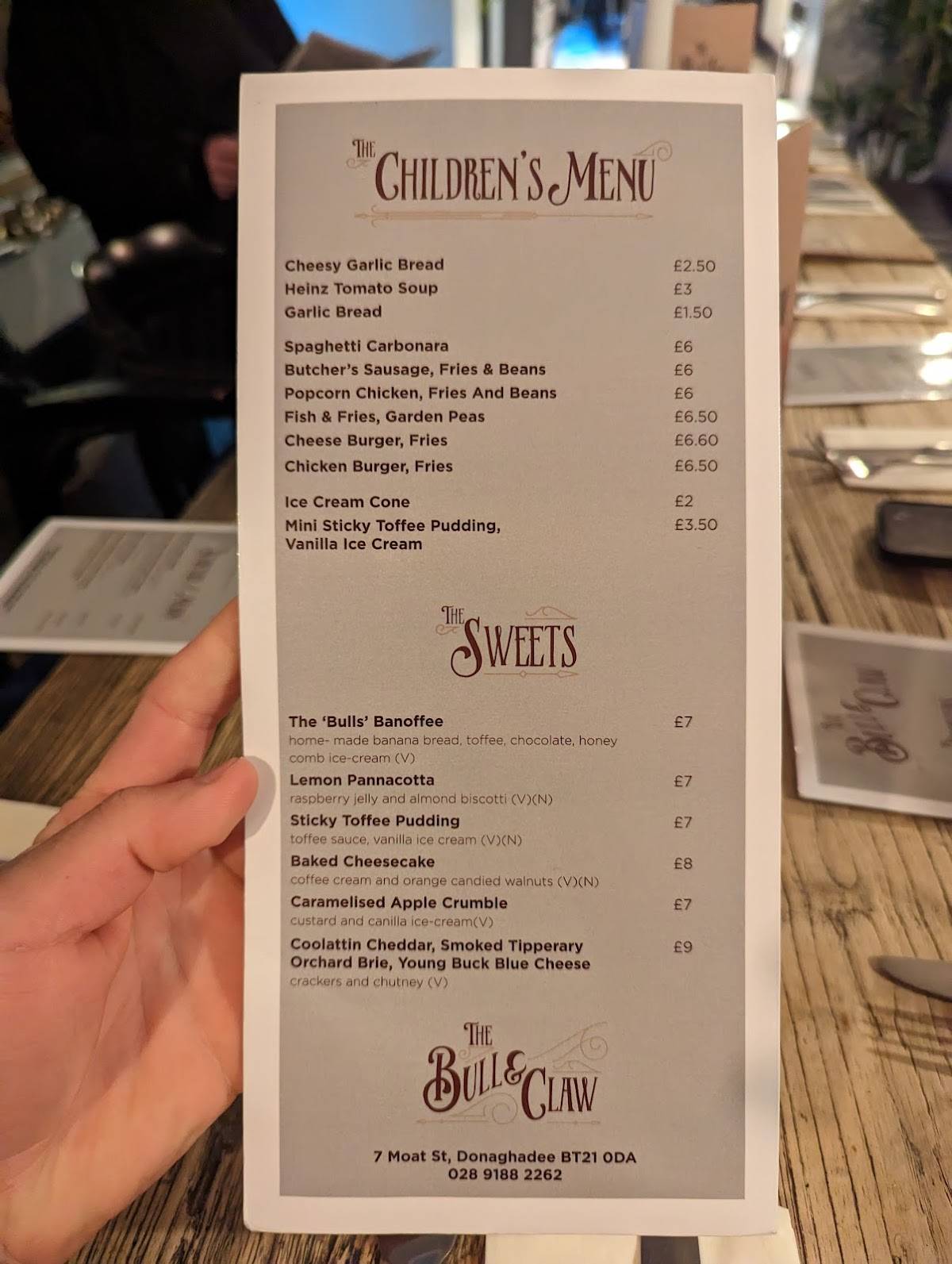 Menu at The Bull & Claw Donaghadee restaurant, Donaghadee