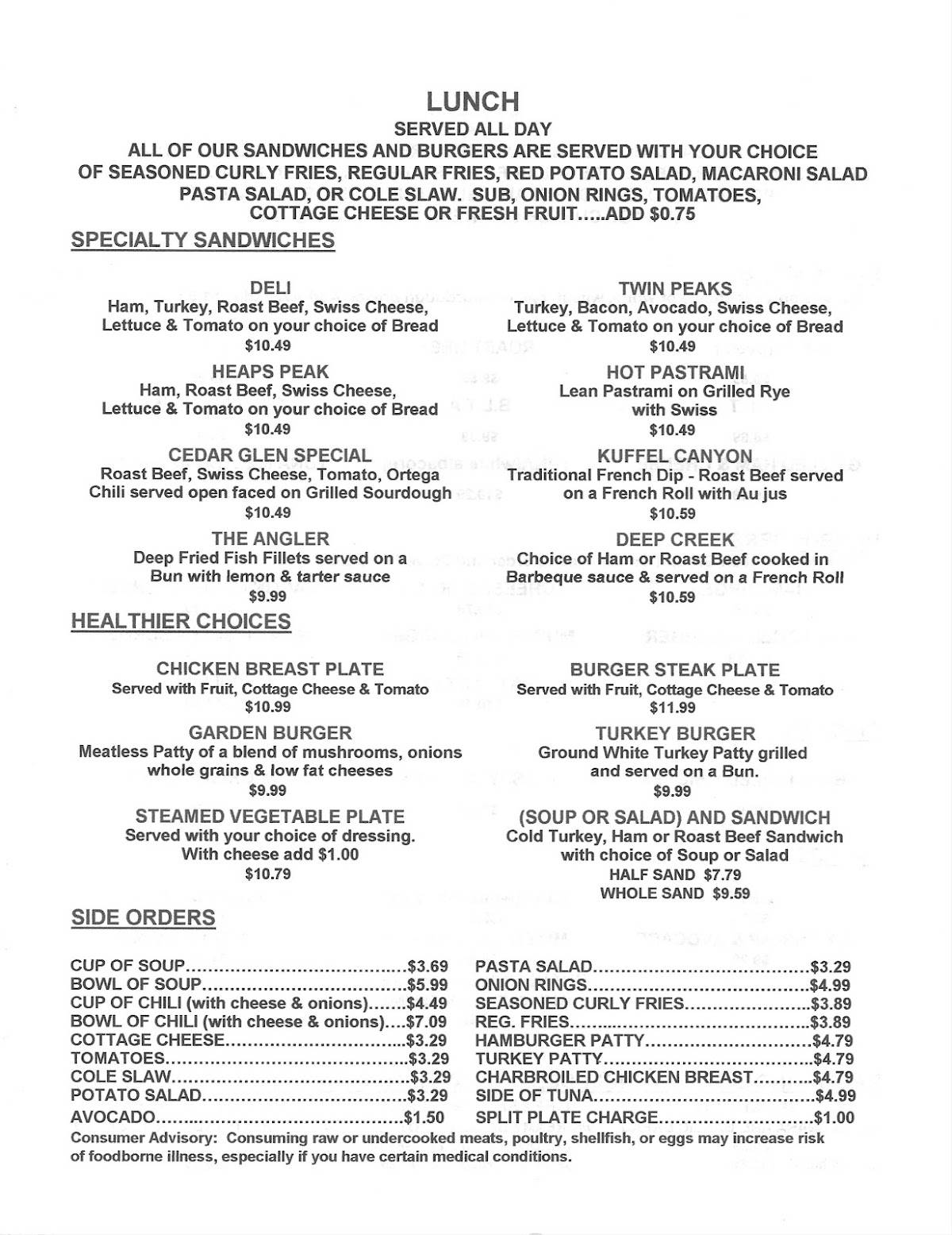 Menu at The Cedar Glen Inn restaurant, Lake Arrowhead