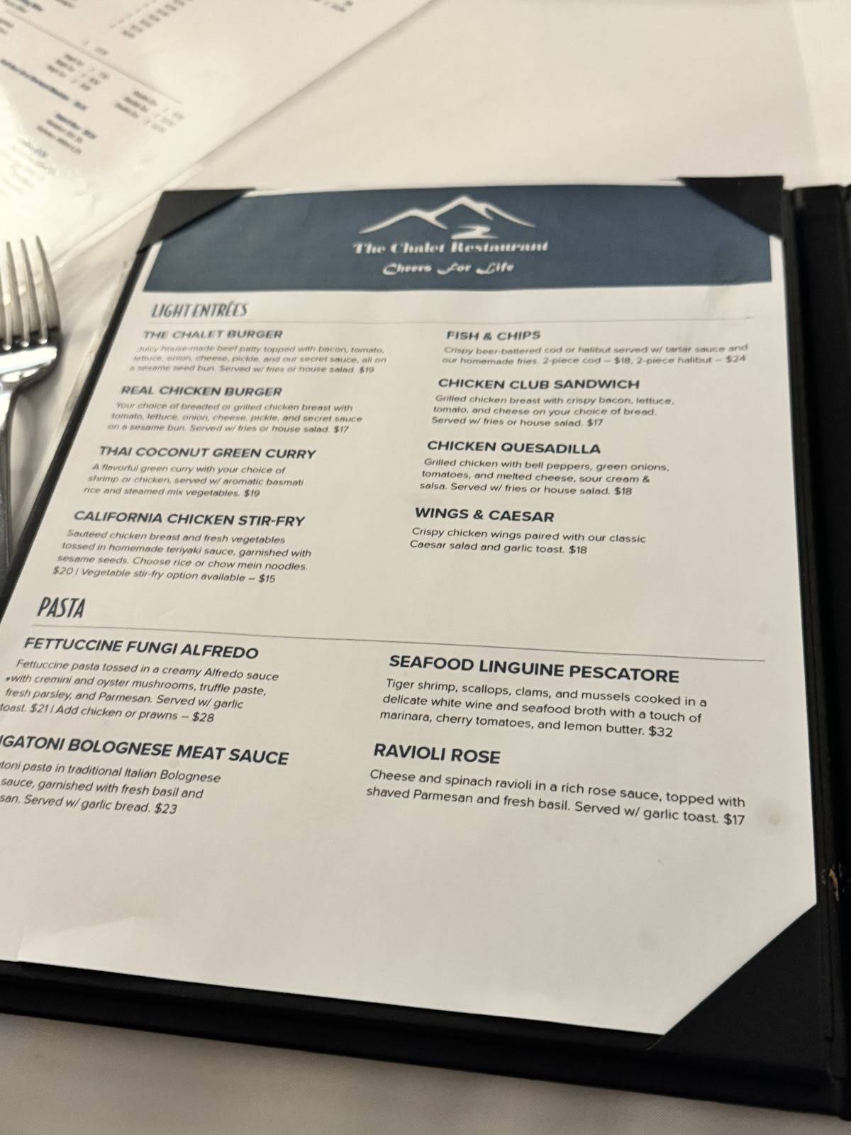 Menu at The Chalet Restaurant, Kitimat