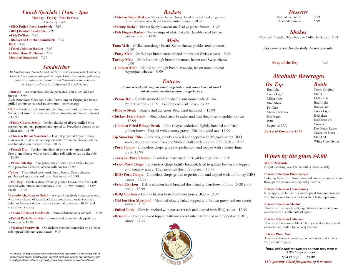 Menu at The Chicken Ranch restaurant, Surprise