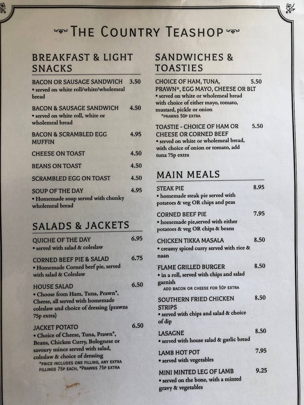 Menu at The Country Tea Shop & Restaurant, Staindrop