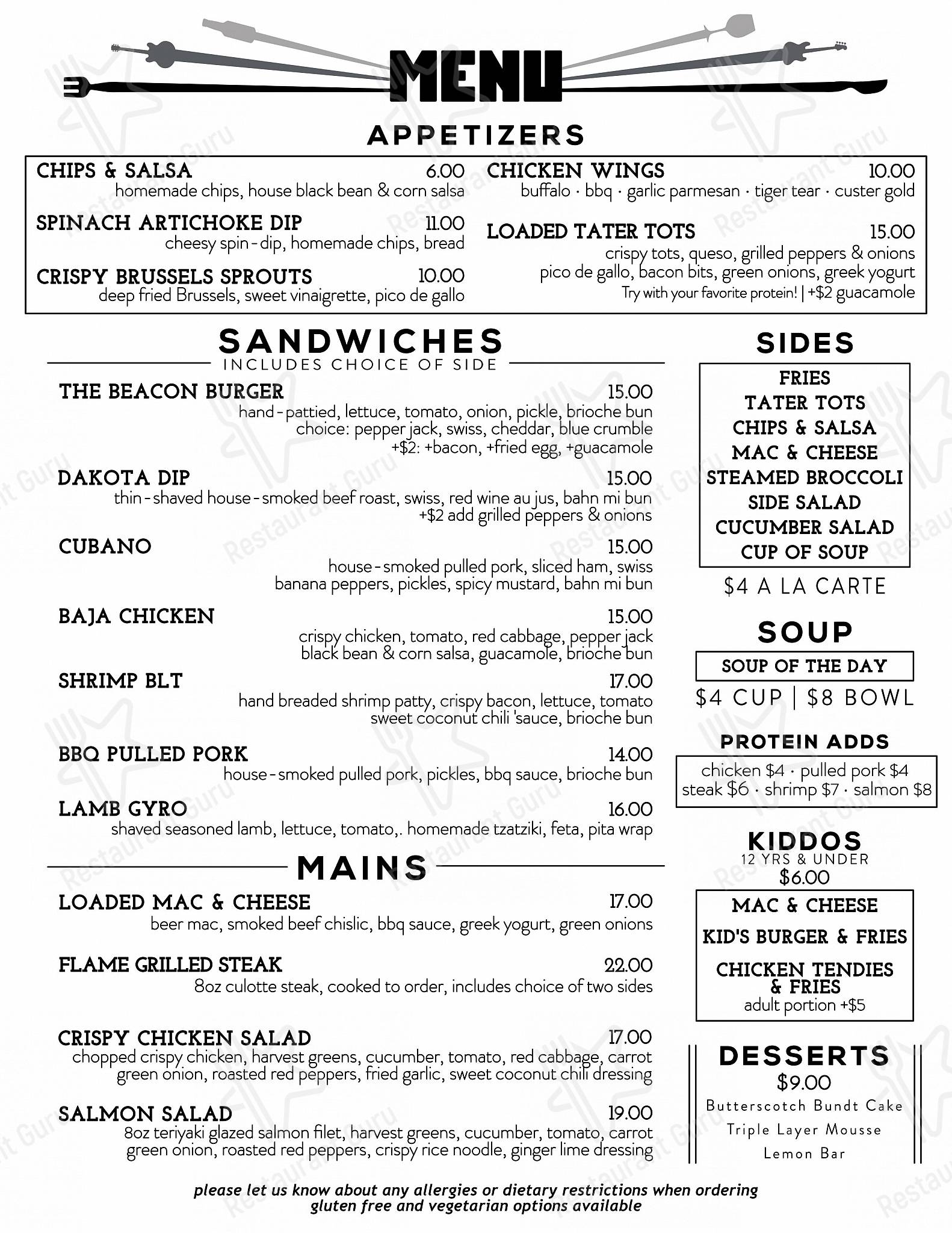 Menu at The Custer Beacon restaurant, Custer