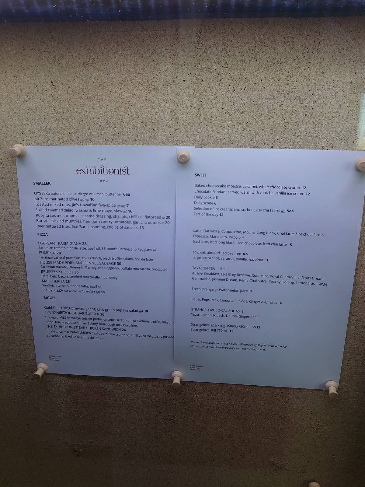 Menu at The Exhibitionist Bar, Surfers Paradise