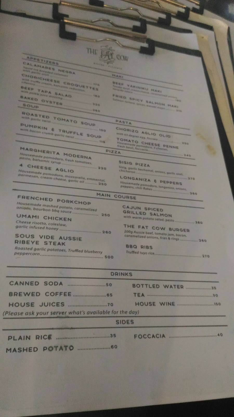 Menu at The Fat Cow restaurant, Davao City