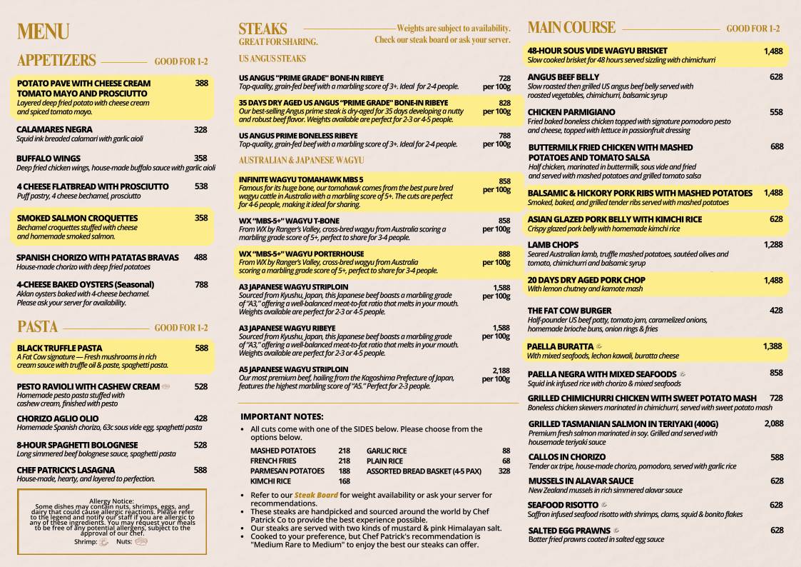 Menu at The Fat Cow restaurant, Davao City