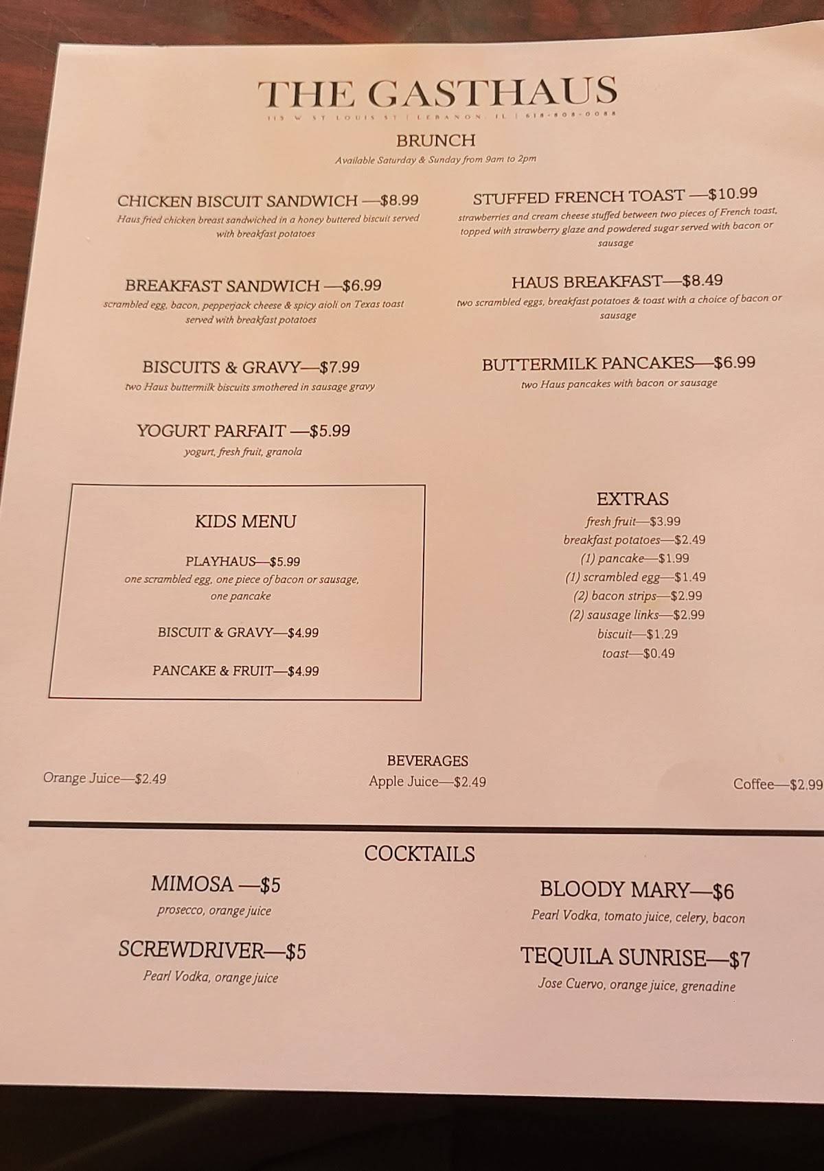 Menu at The Gasthaus pub & bar, Lebanon