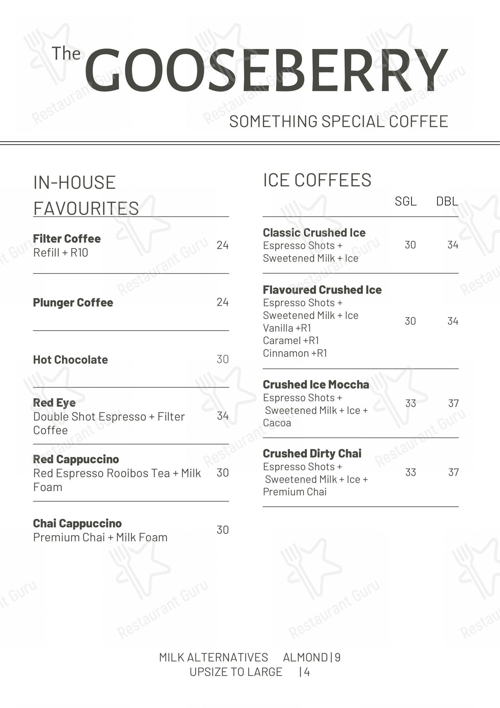 Menu au The Gooseberry Coffee Studio café, Johannesburg