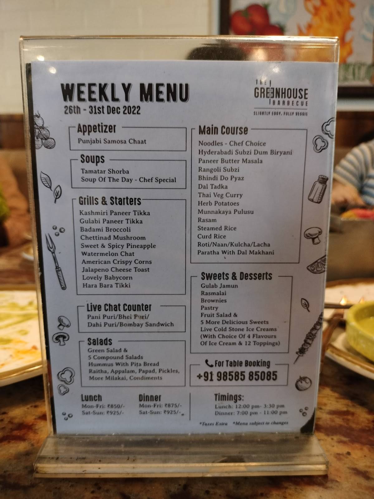 Menu at The Greenhouse Barbecue, Chennai