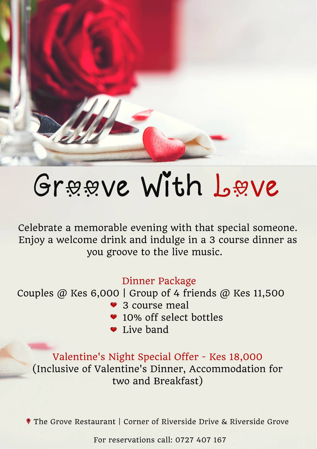Menu at The Grove Restaurant, Nairobi