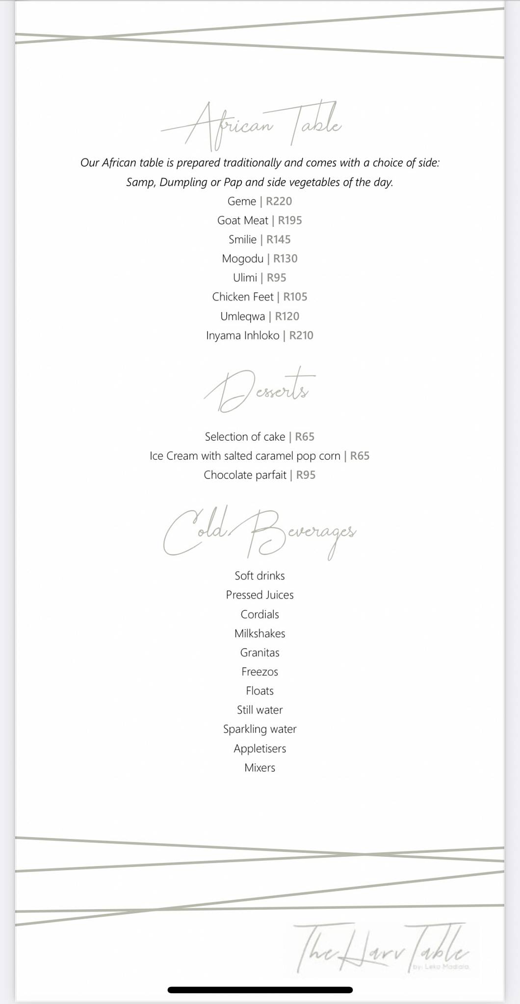 Menu at The Harv Table by Leko Madlala restaurant, Sandton