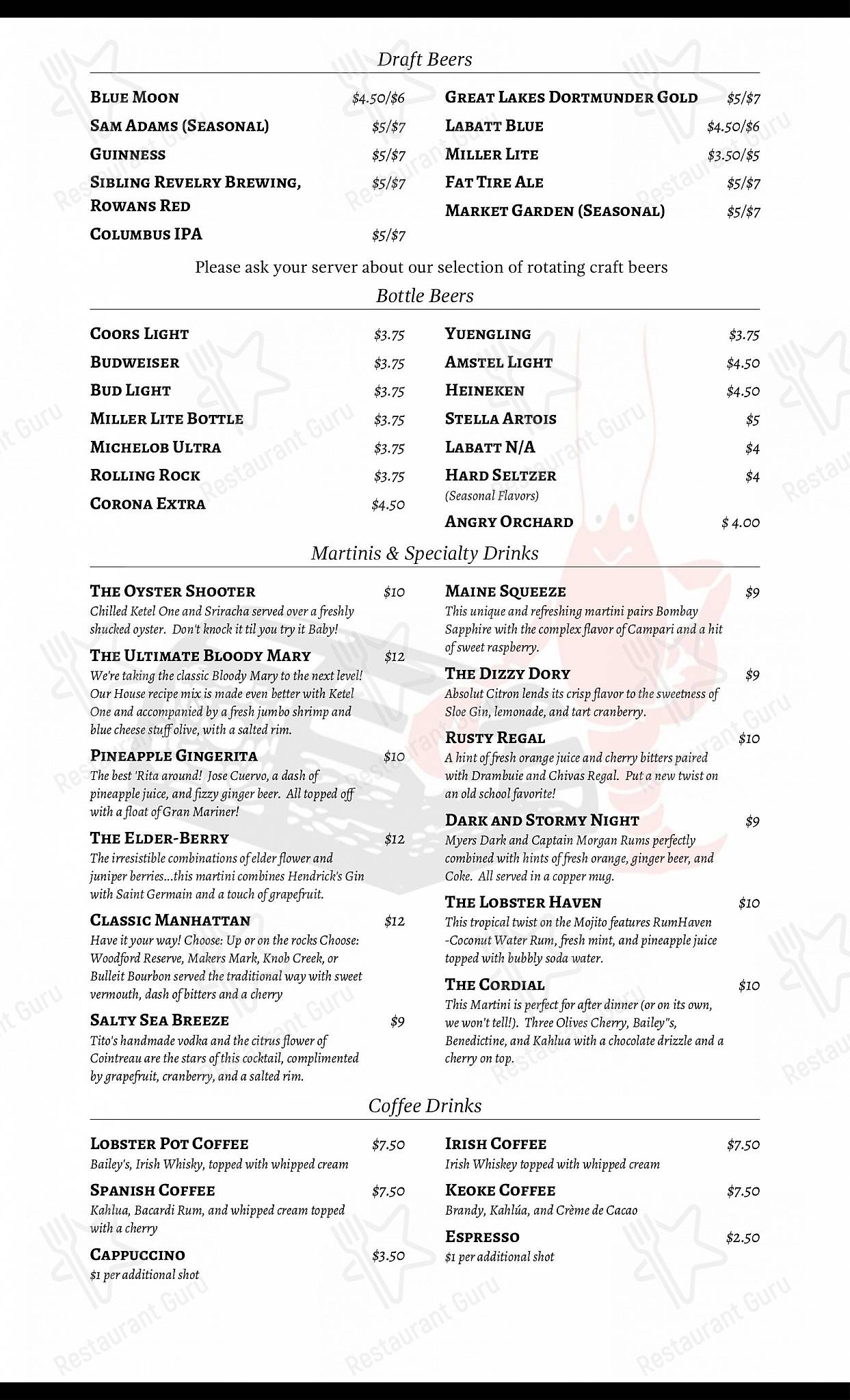 Menu at The Lobster Pot restaurant, Willoughby Hills
