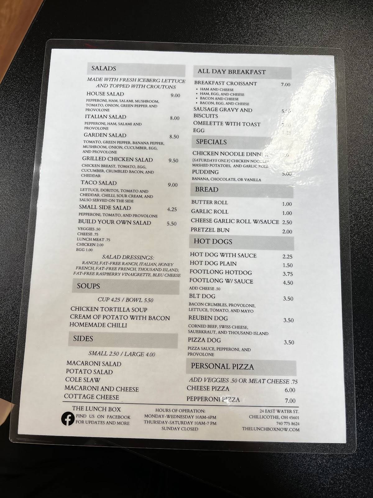 Menu at The Lunch Box restaurant, Chillicothe, 24 E Water St