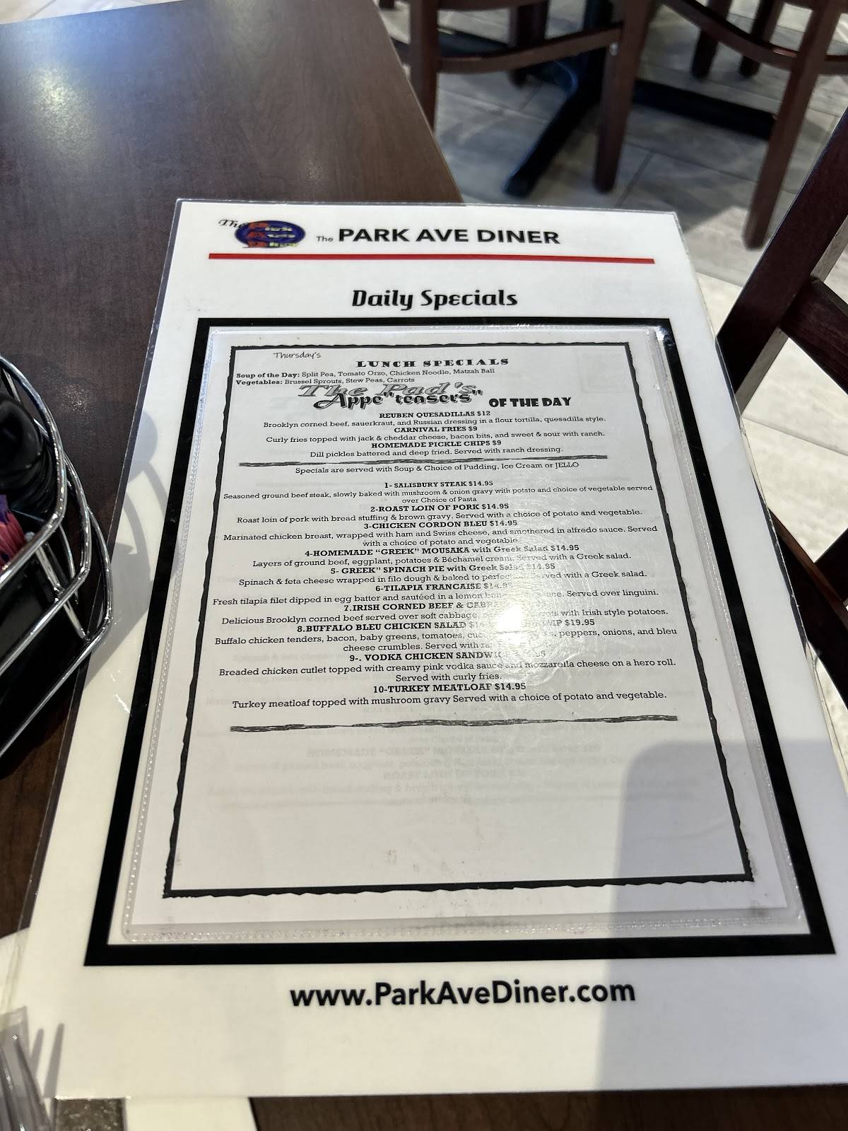 Menu at The Park Ave Diner restaurant, South Plainfield