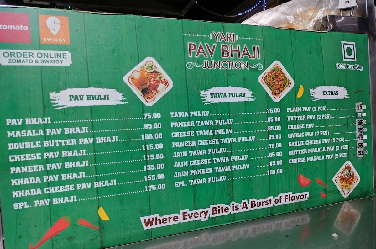 Menu at The Pav Bhaji junction, Mumbai