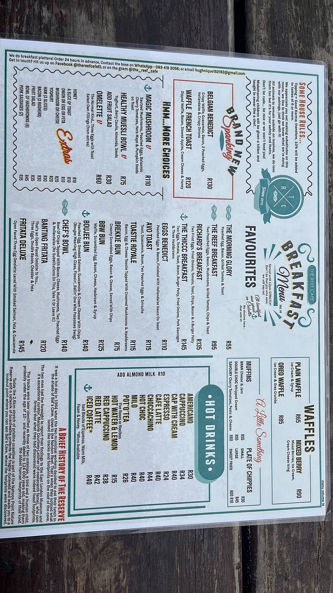 Menu at The Reef Café restaurant, East London, Nahoon Point Nature Reserve