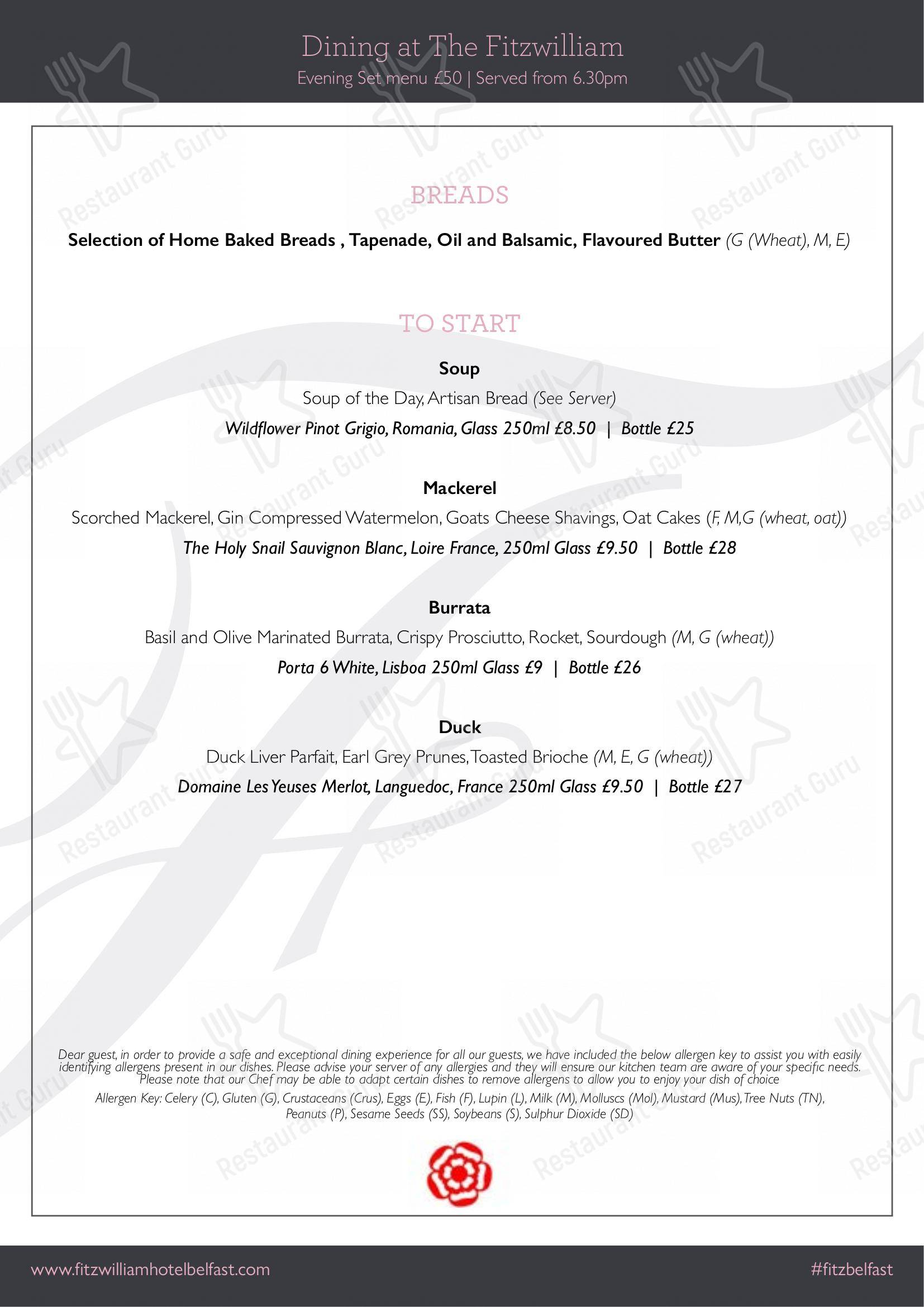 Menu at The Restaurant at The Fitzwilliam Hotel, Belfast