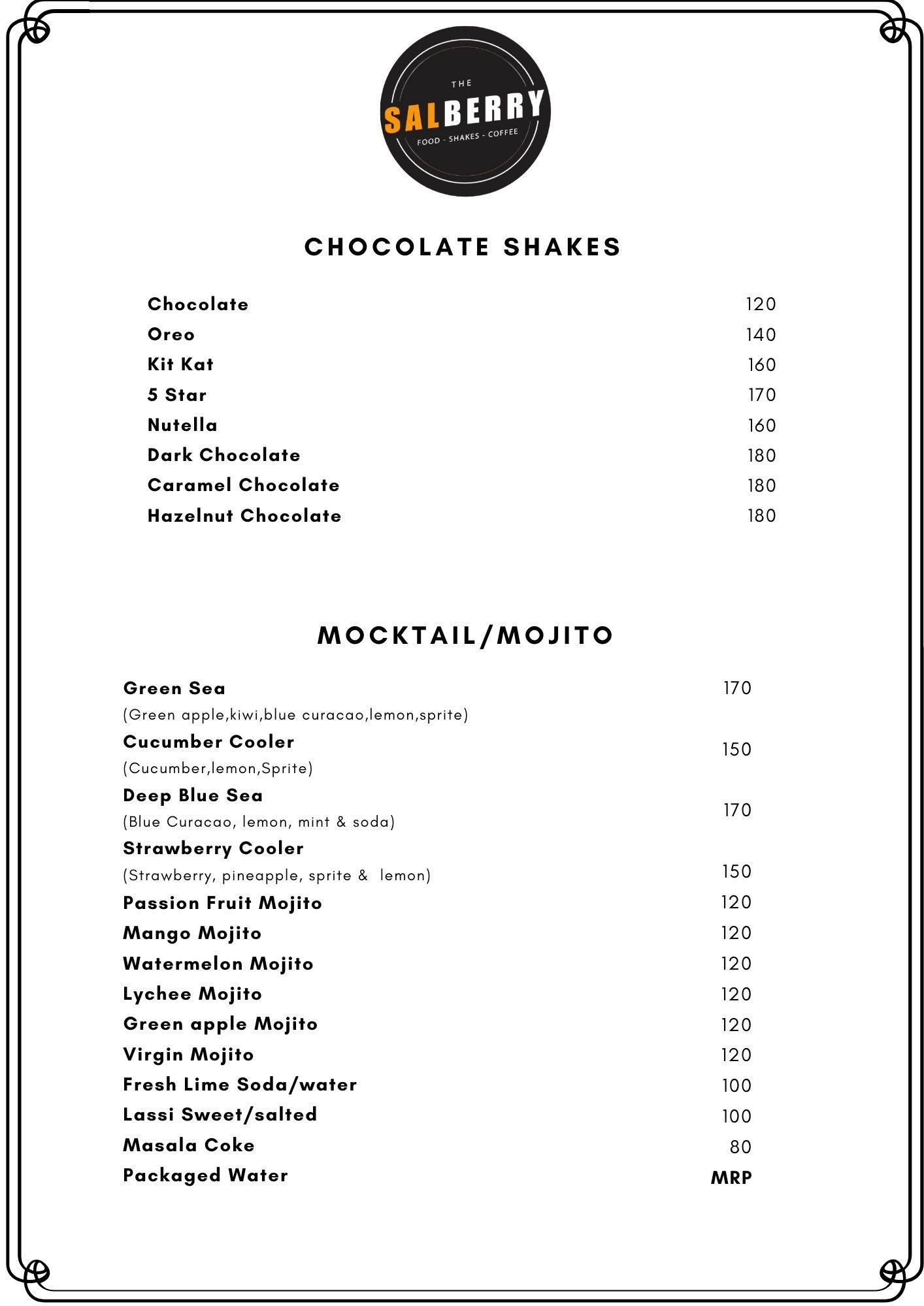 Menu at The Salberry, Siliguri