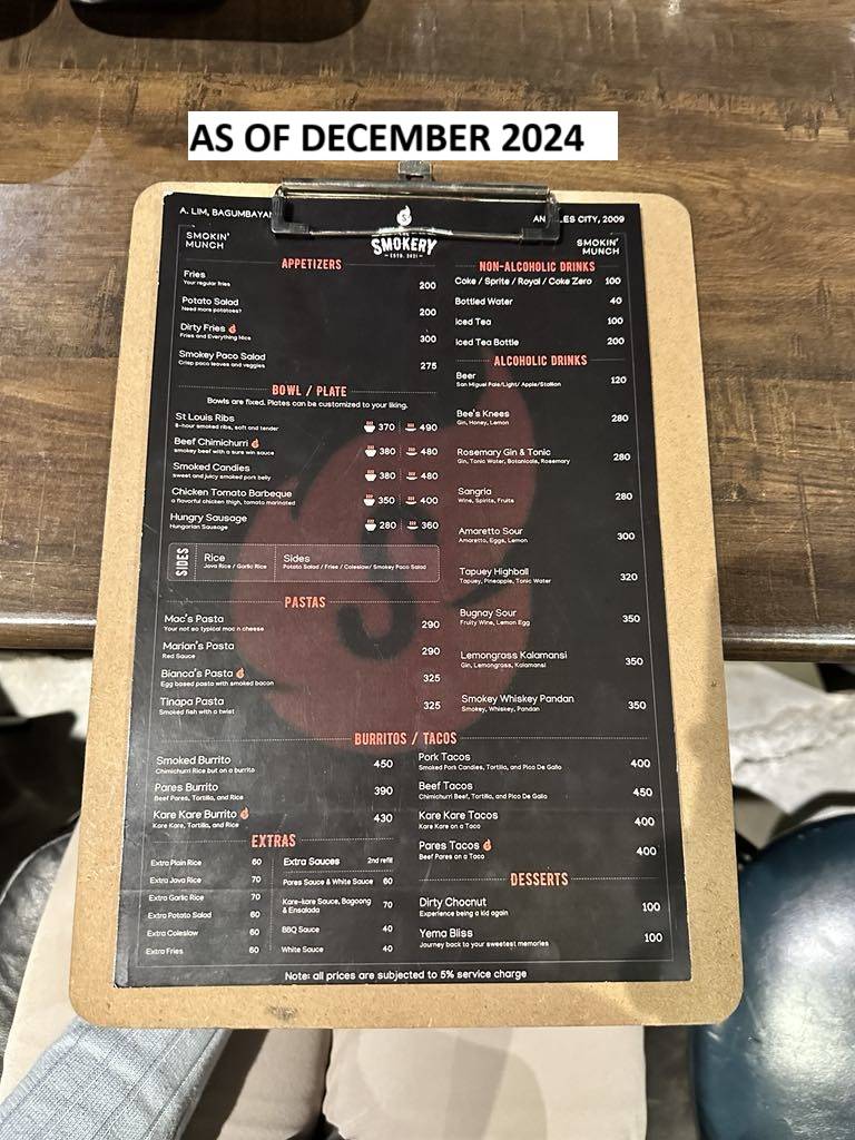 Menu at The Smokery restaurant, Angeles