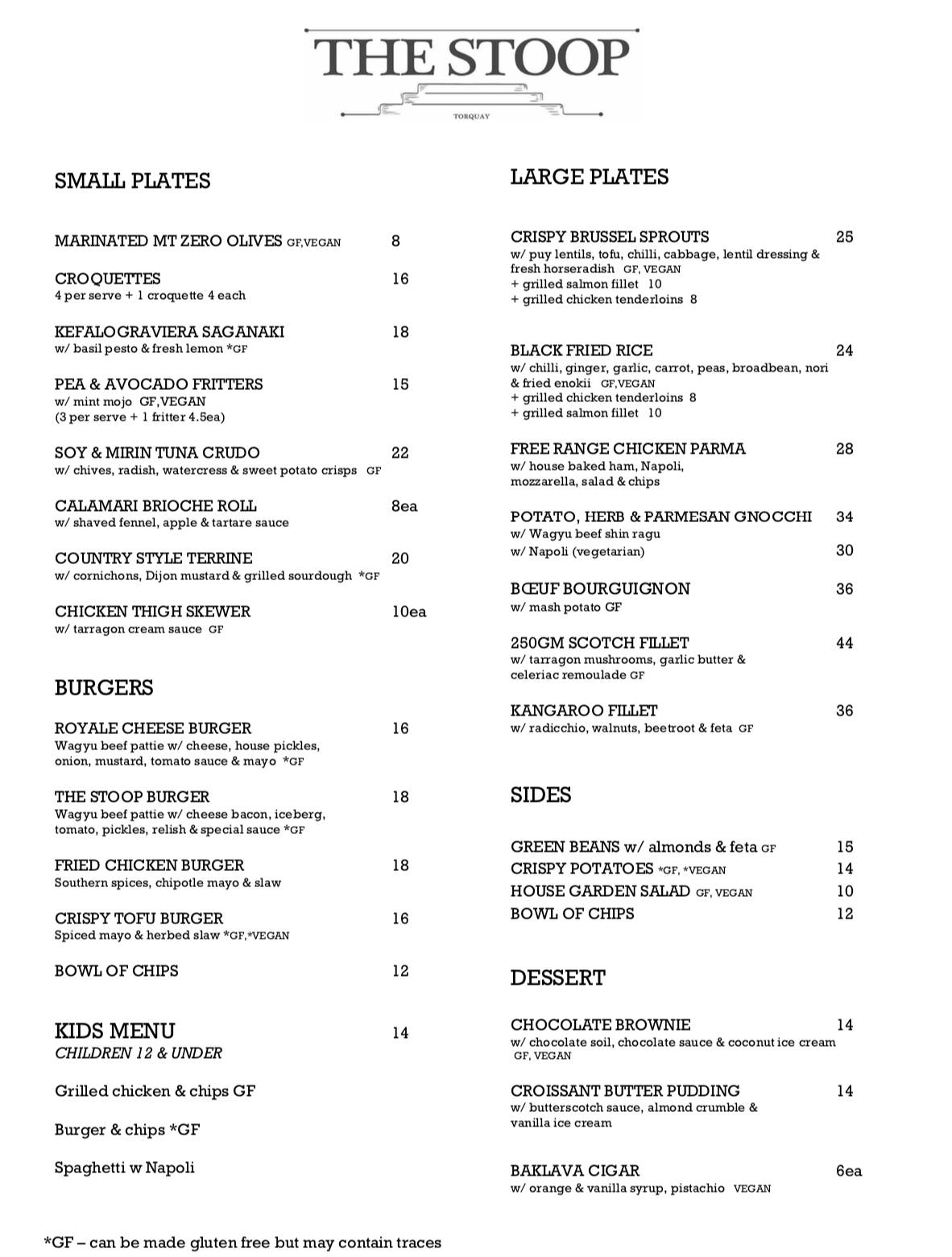 Menu at The Stoop restaurant, Torquay