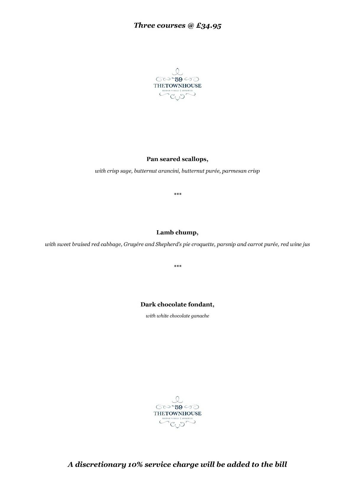 Menu at The Townhouse restaurant, Morpeth