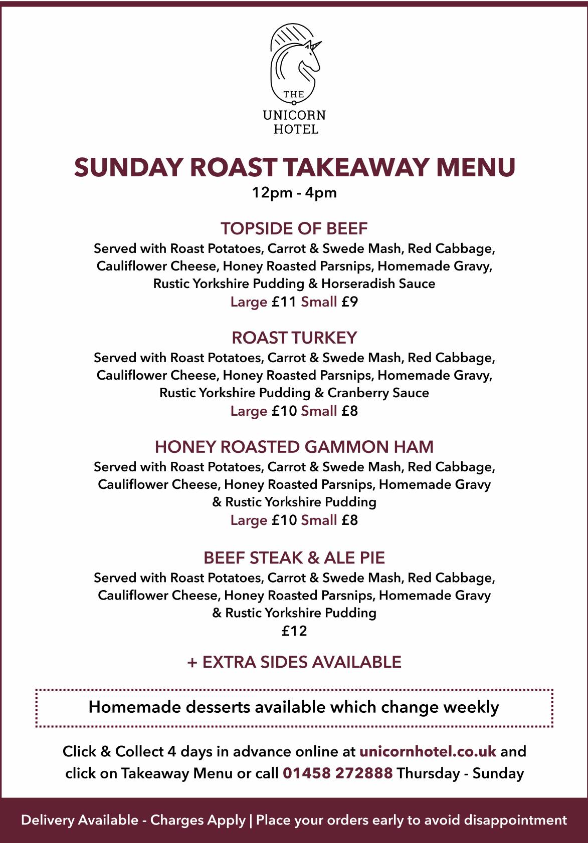 Menu at The Unicorn Inn restaurant, Somerton