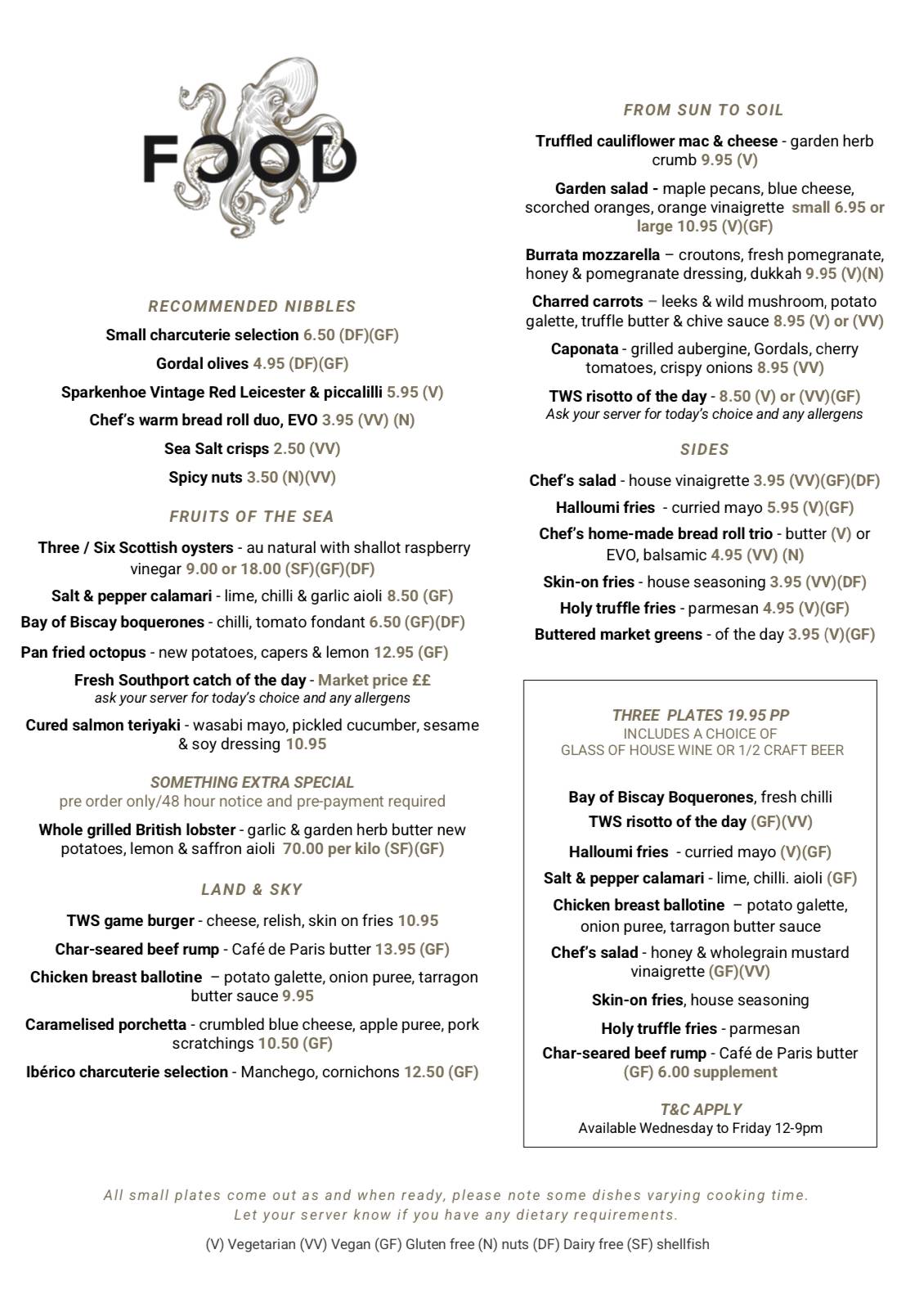 Menu at The Workshop restaurant, Waterloo