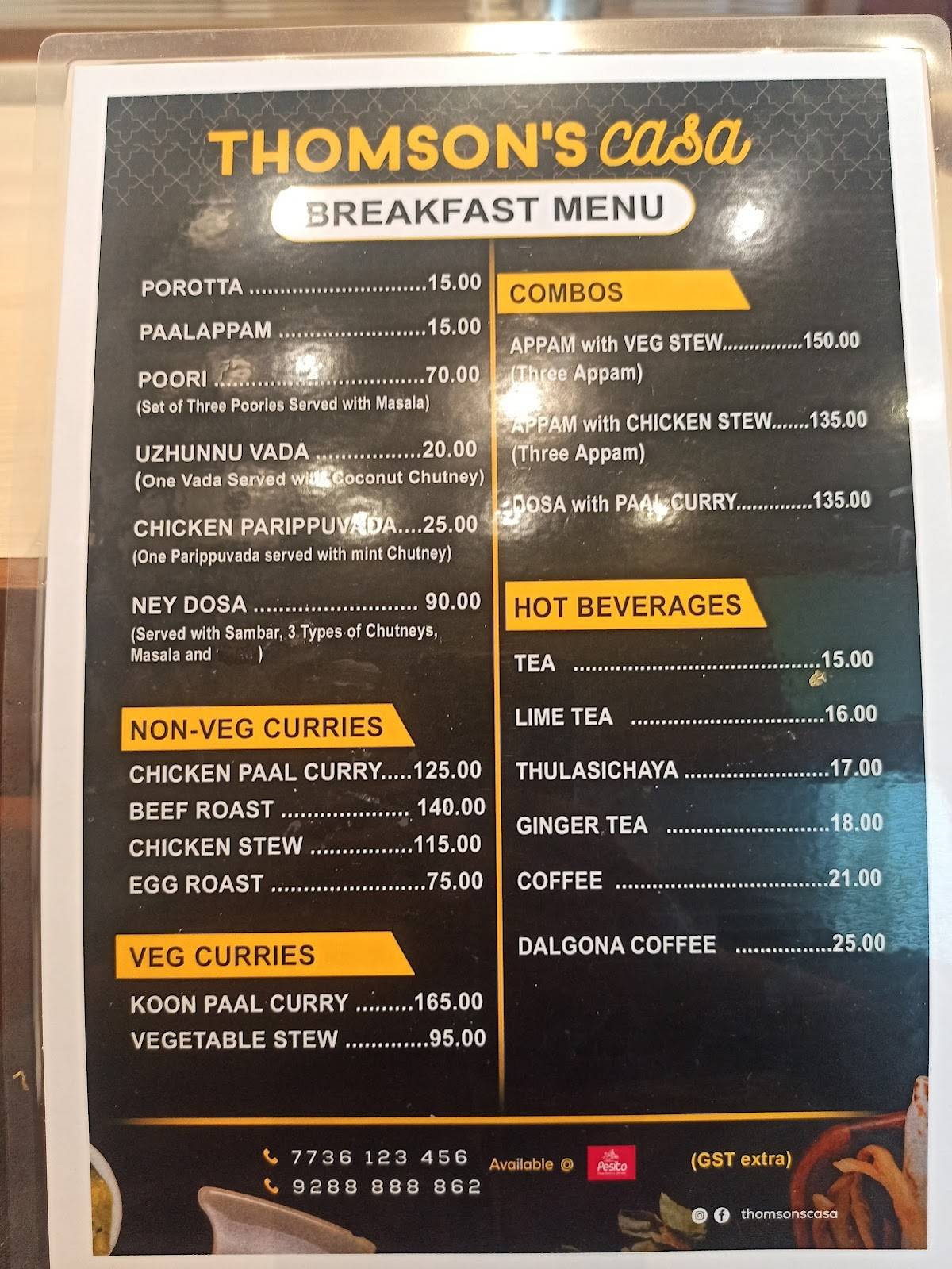Menu at Thomson's Casa, Thrissur