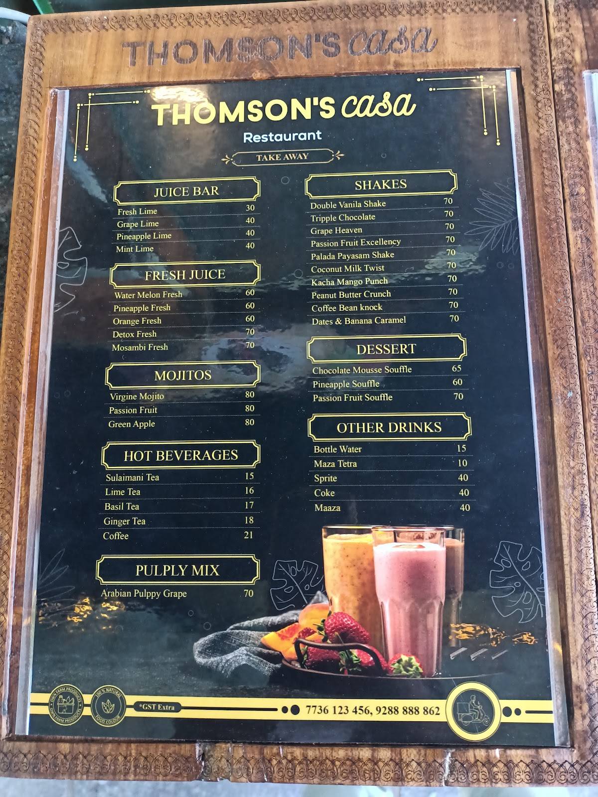 Menu at Thomson's Casa, Thrissur