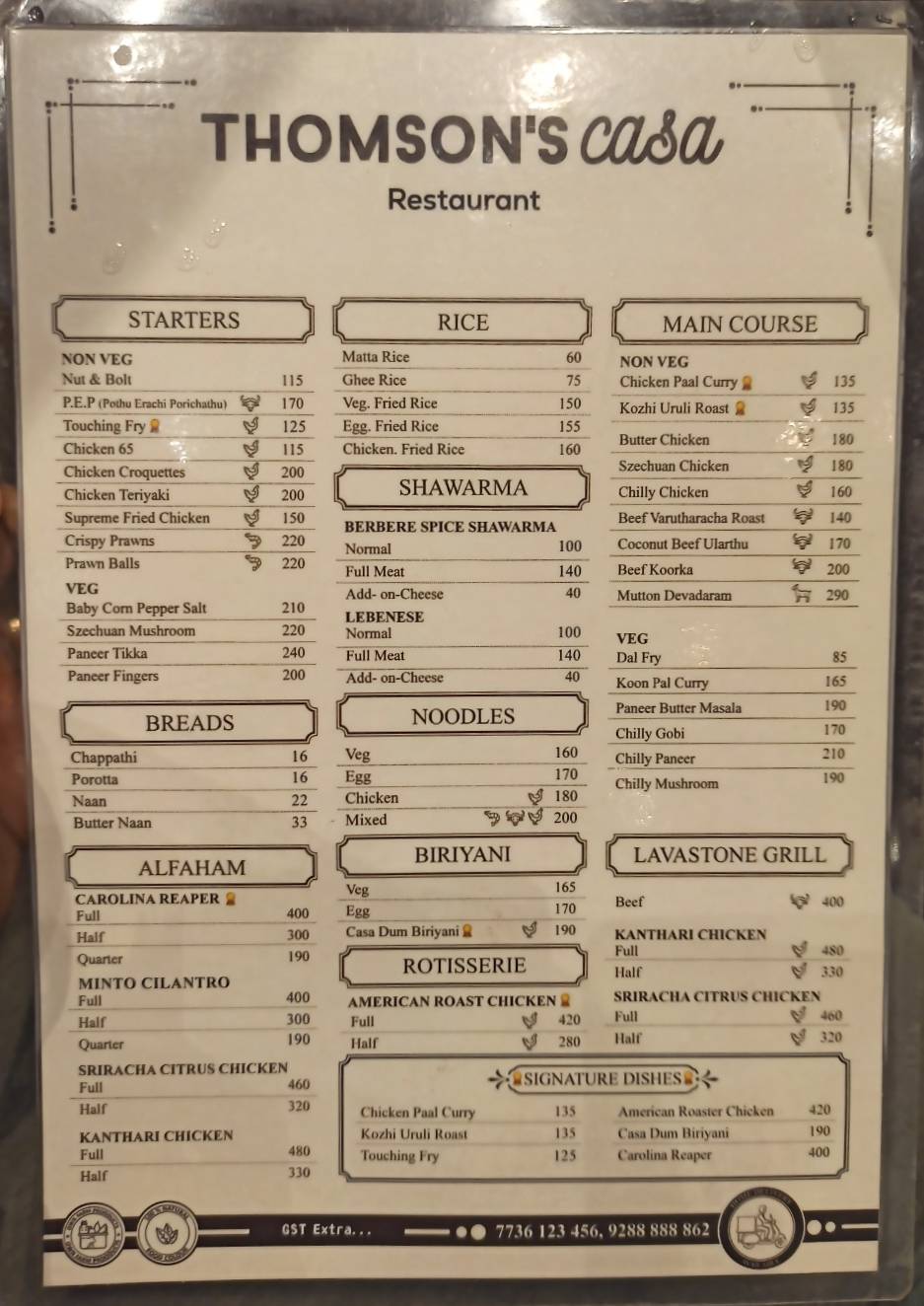 Menu at Thomson's Casa, Thrissur