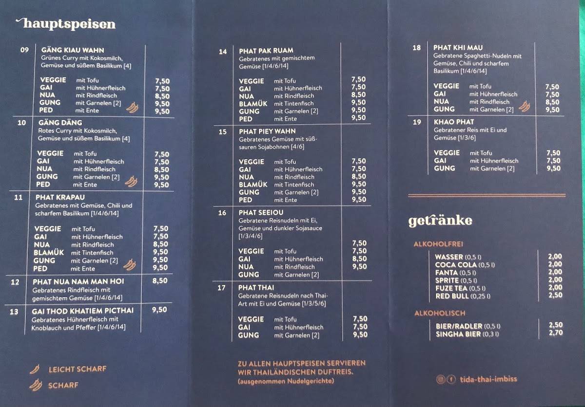 Speisekarte von Tida Thai Imbiss restaurant, Salzburg, Elisabethstraße 21