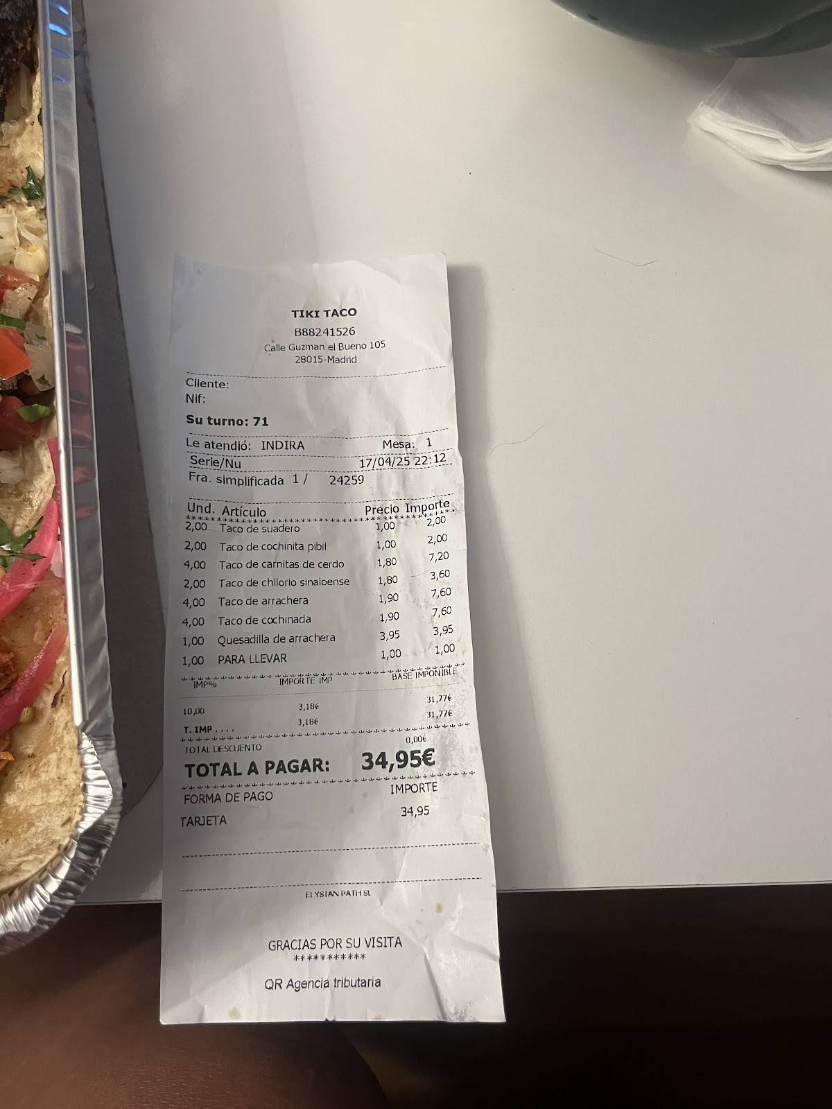 Menu at Tiki Tako restaurant, Madrid