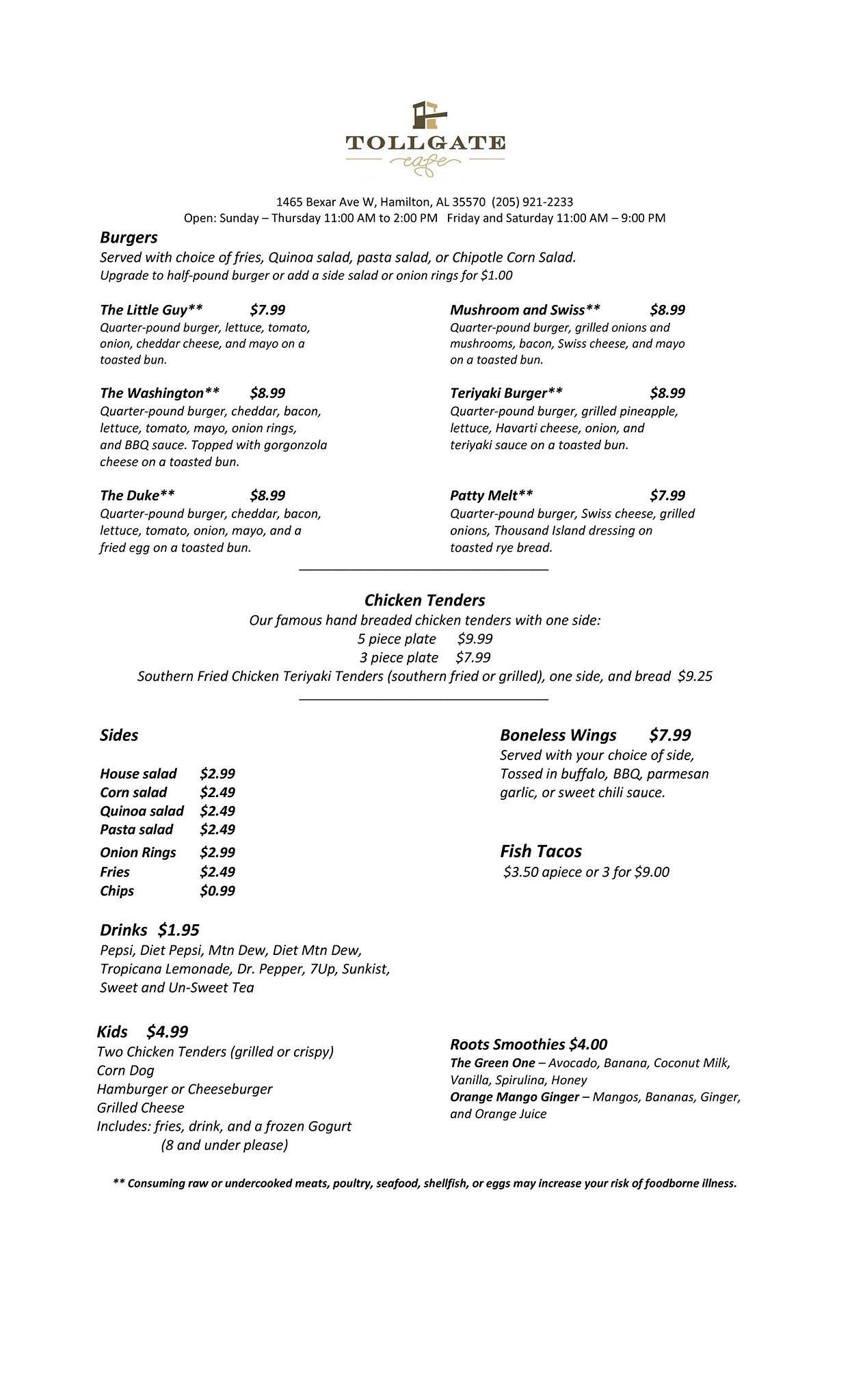 Menu at Toll Gate Cafe, Hamilton, 224 1st Ave SW