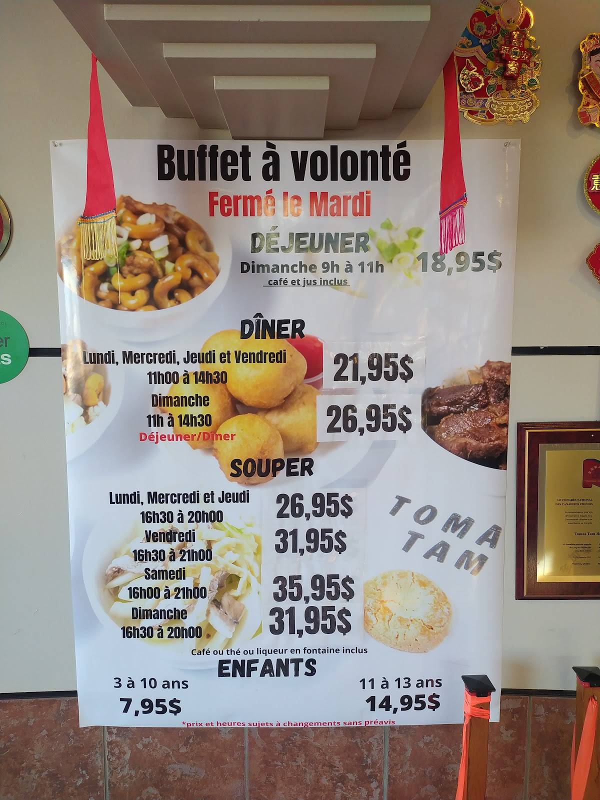 Menu au Restaurant Tomas Tam Inc, Québec, Wilfrid-Hamel Blvd
